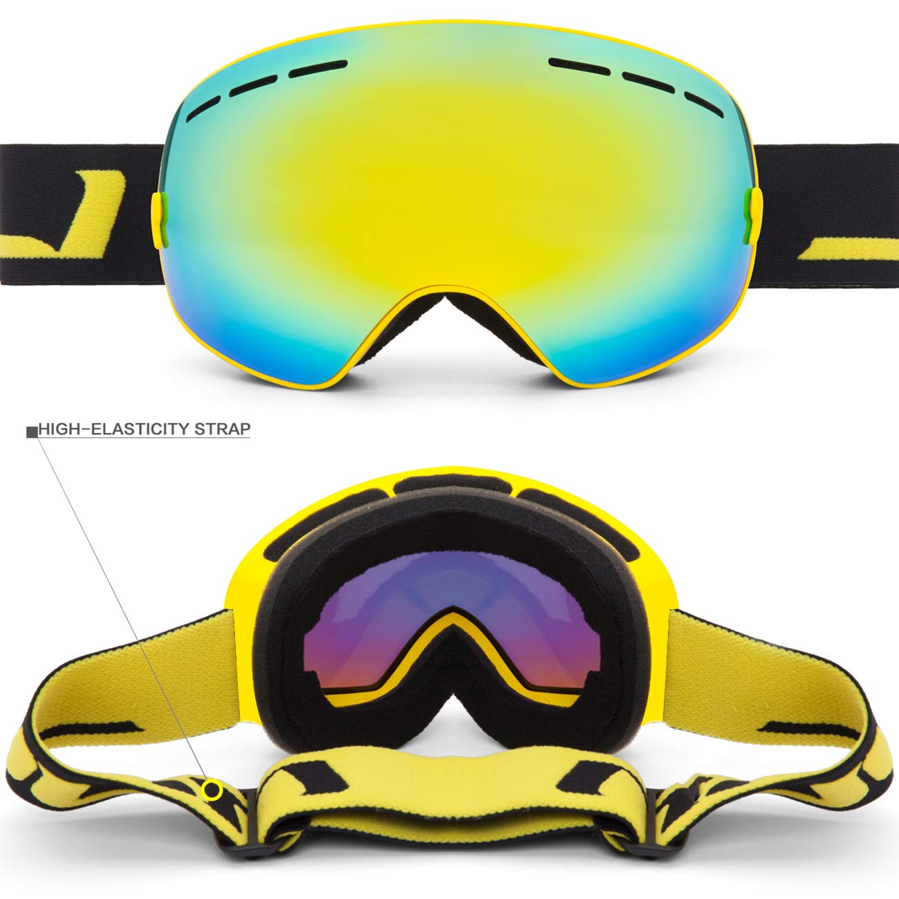 JULI Kids Ski Goggles,Interchangeable Double Layer Spherical Lens,OTG Anti-Fog Snowboard Skate Snow Goggles Age 4-16 4300(Yellow)