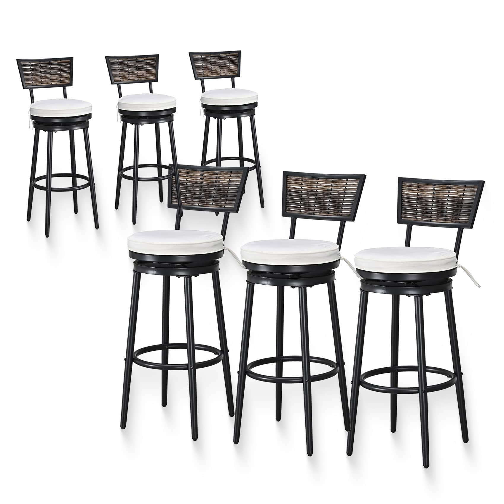 TOP HOME SPACE Patio Bar Stools Outdoor Swivel Bar Height Stool Chairs with Rattan Back Cushion for Deck Porch Backyard, Set of 6