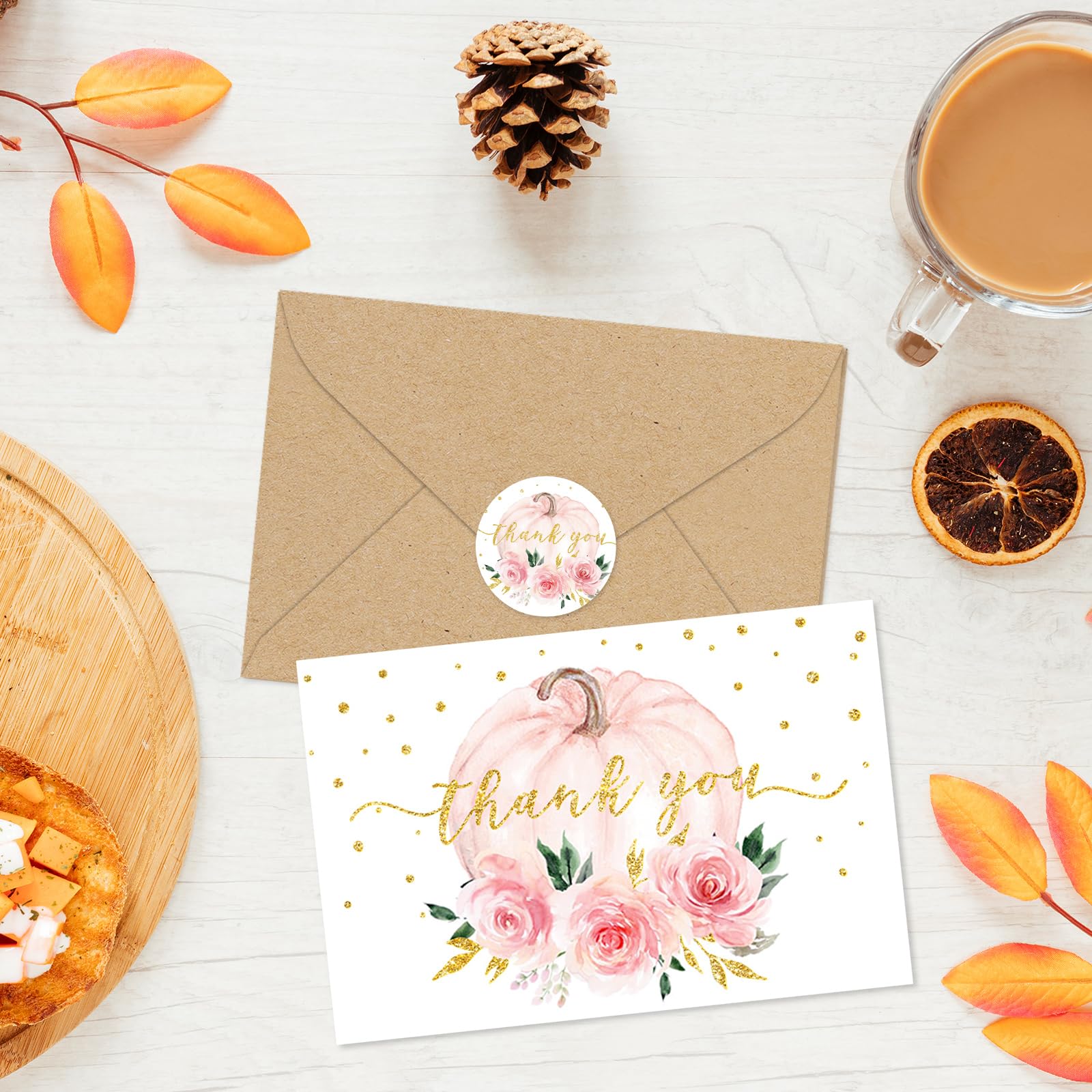 Whaline 36 Pack Fall Gold Foil Thank You Cards Pink Floral Pumpkin Greeting Cards Autumn Blank Note Cards with Stickers Envelopes for Thanksgiving Wedding Bridal Shower