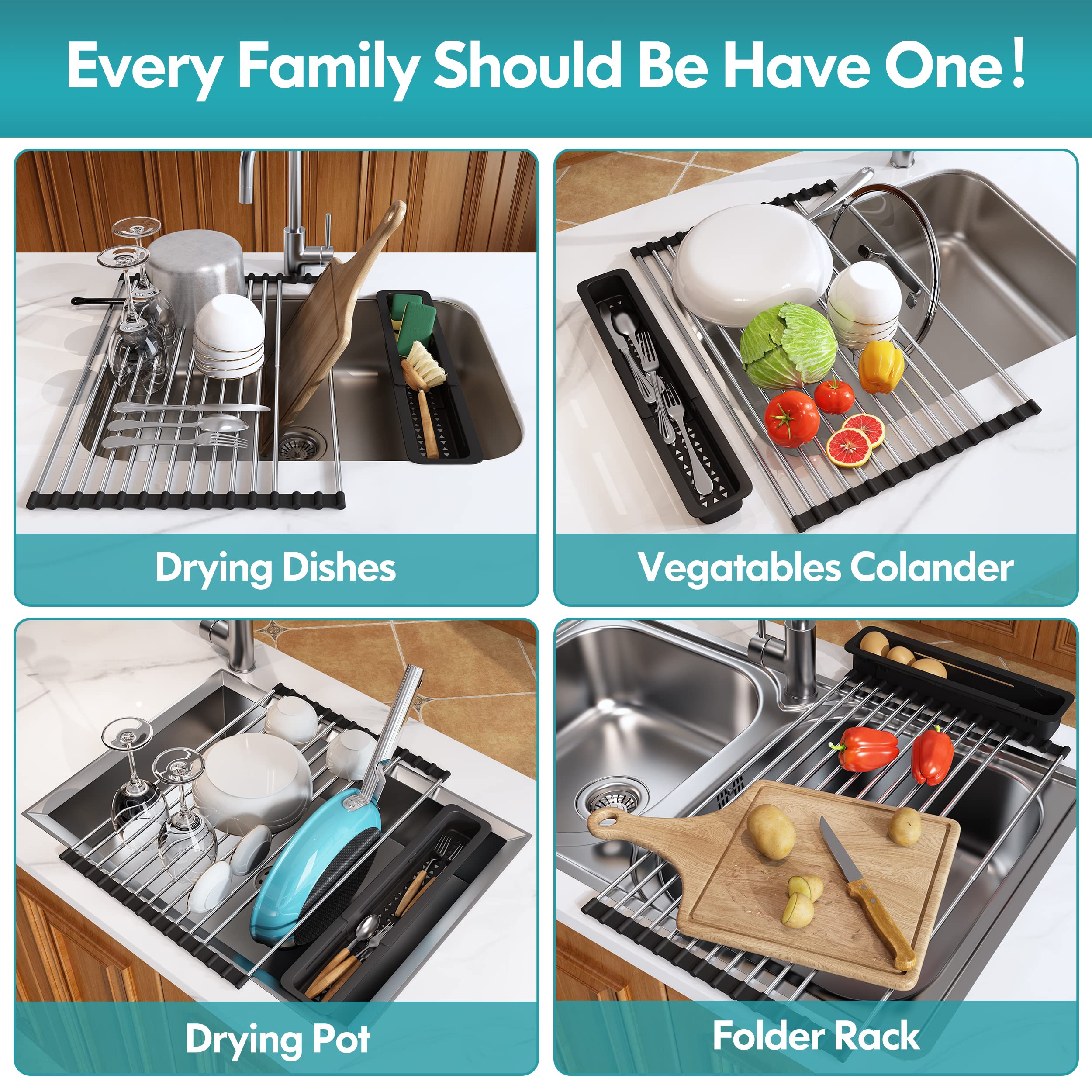 JASIWAY Roll Up Dish Drying Rack, Over The Sink Dish Drying Rack, Foldable, Portable,304 Stainless Steel Dish Drainers for Kitchen Inside Sink Counter (Black, 17.5" x12“)