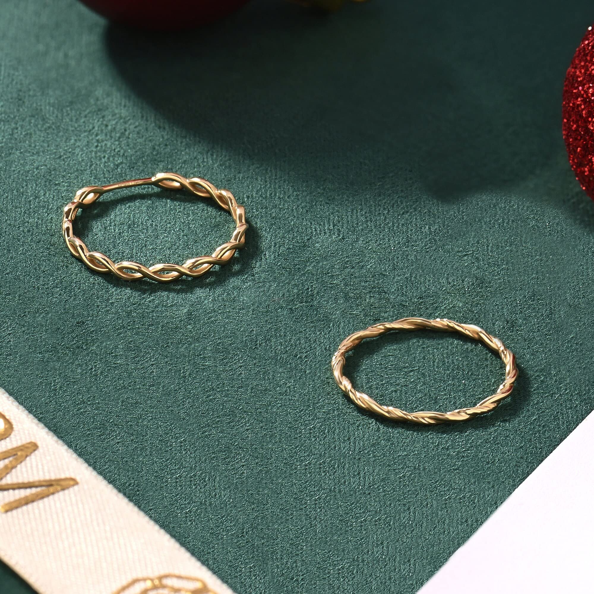 Norm Jewels Minimalist Twisted Braided Stack Ring | 1.8mm 14k Gold Thin Rope Ring | Dainty Stackable Thumb Knuckle Ring Yellow Rose White Gold (size 5-9) (Yellow Gold, 5)