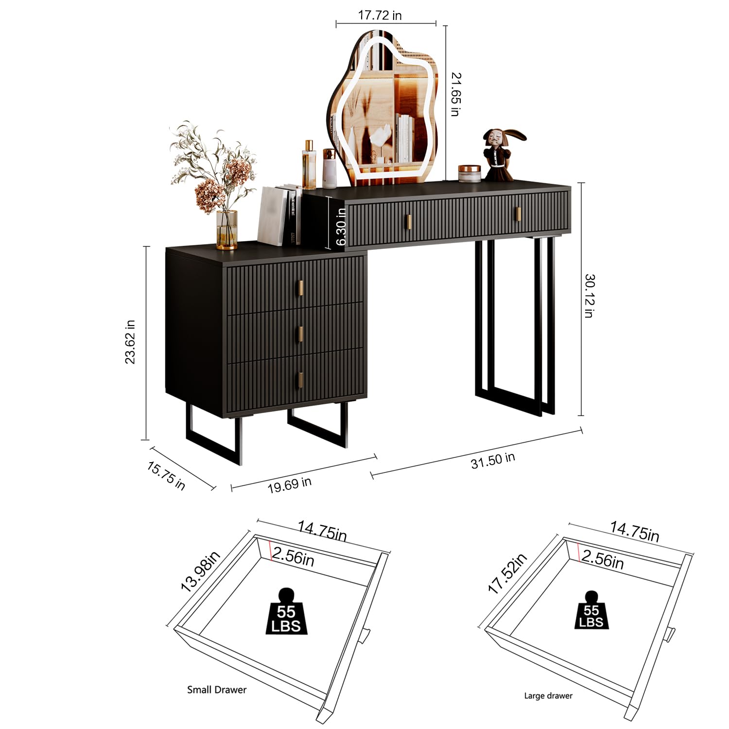 Ieejdn Cream, Vanity Desk with 3 Color Touch Screen Dimming Mirror, Modern Retractable Makeup Dressing Table with Adjustable Cabinet and 2 Sliding Drawers, Vanity Table