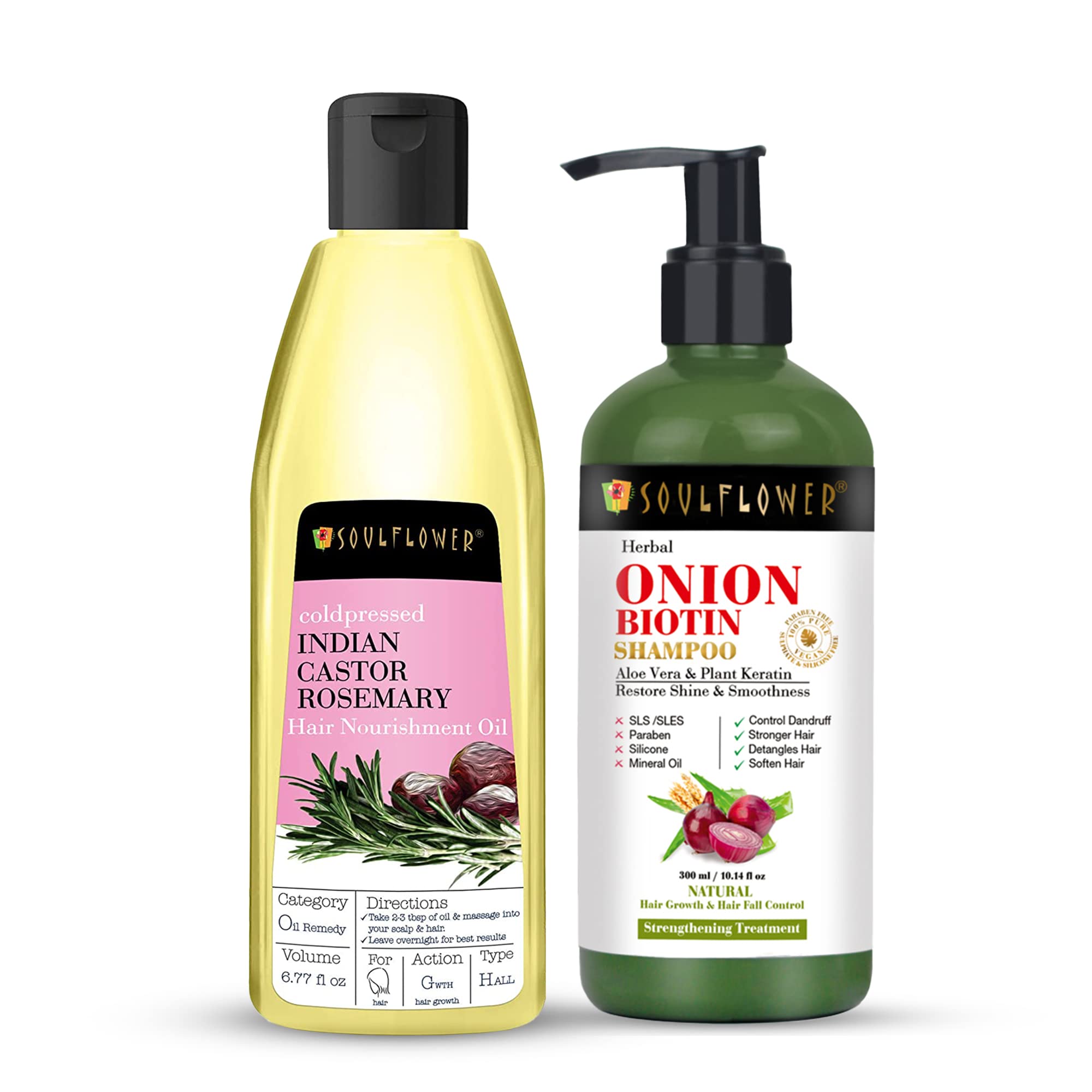 Soulflower Pack of 2 Castor Rosemary Hair Oil and Onion Biotin Shampoo, 500ml