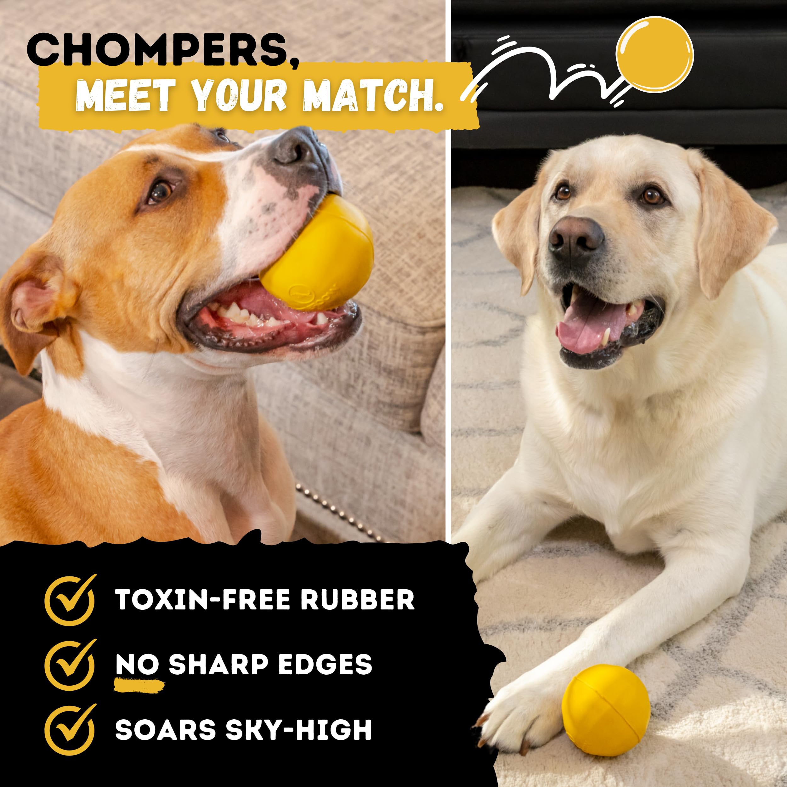 WoofBite Indestructible Dog Ball - Lifetime Replacement - Medium & Large Breed - Ultra Durable for Aggressive Chewers - Natural Rubber - Fetch Tug & Chew - 3in - Yellow (Highly Visible Color for Dogs)