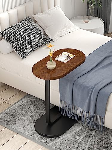 Sofa and Bed Side Table, C Shaped End table Small Coffee Table for Small Spaces, Small Side Table Bedroom Bedside Table, Living Room Wood Couch Tables that Slide Under, 18”L x 12”W (brown+black)