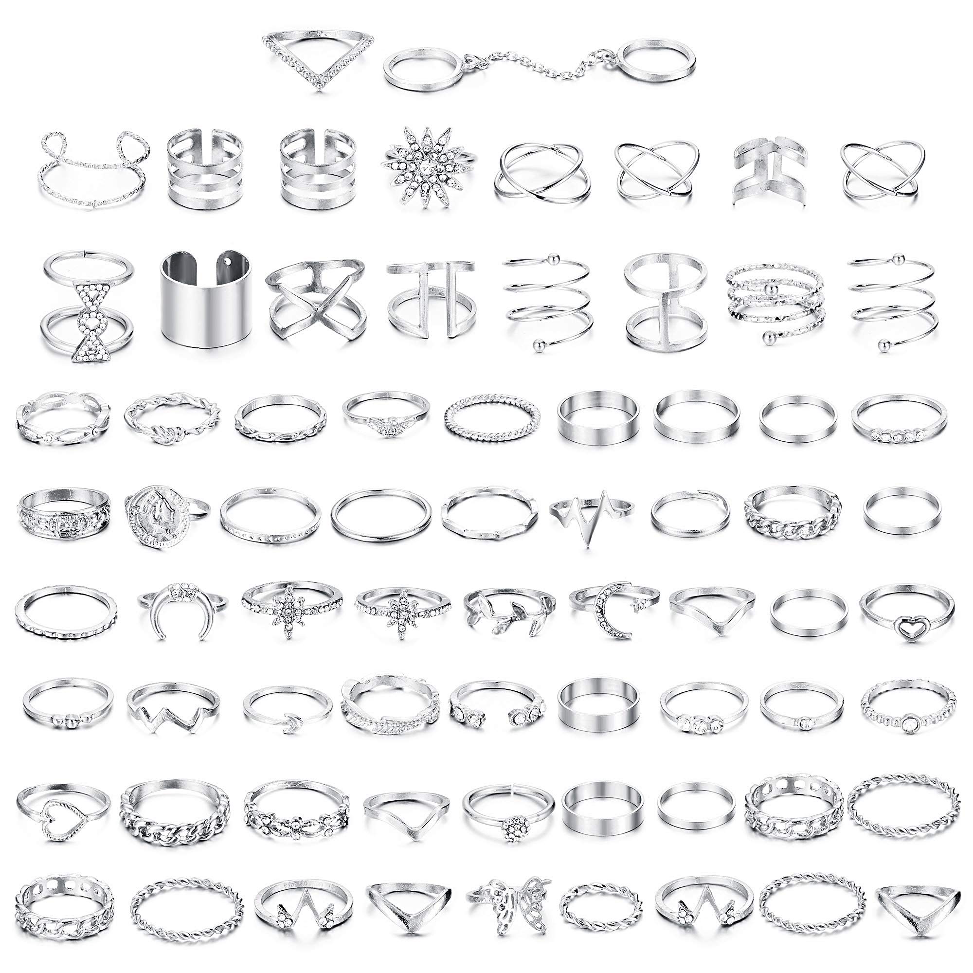 JOERICA 70PCS Knuckle Rings for Women Stackable Joint Midi Finger Ring Set Silver Tone