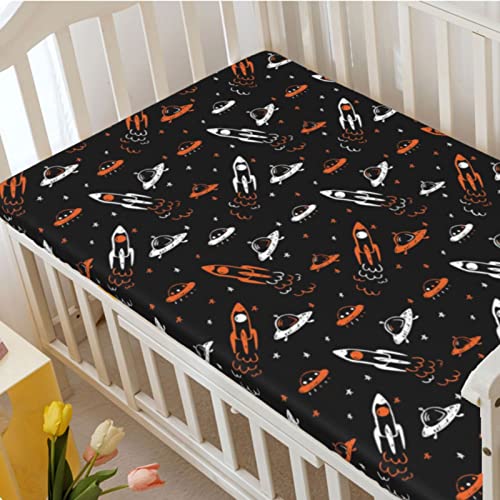 Space Themed Fitted Mini Crib Sheets,Portable Mini Crib Sheets Soft Toddler Mattress Sheet Fitted-Crib Mattress Sheet or Toddler Bed Sheet,24β x38β,Orange White Black