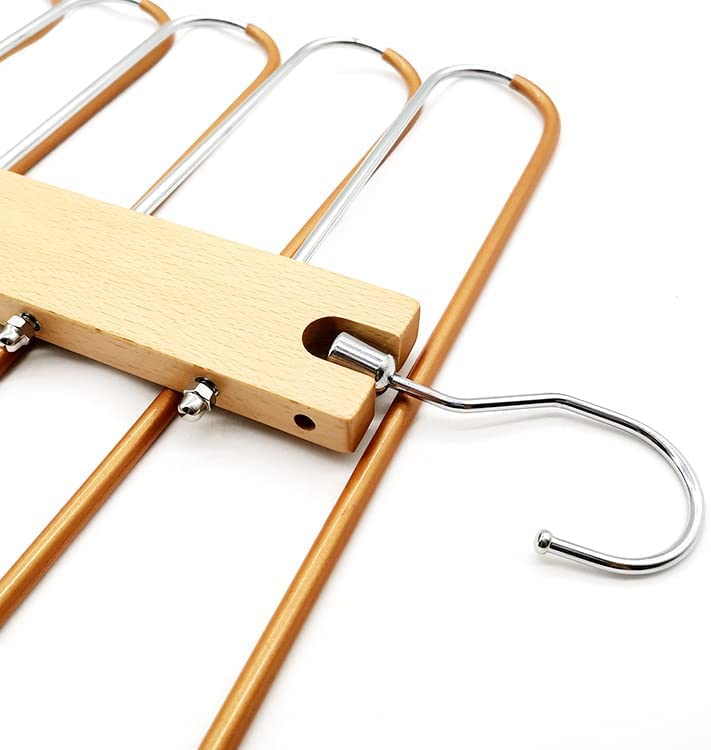 Uniworld Beech Wooden Pants Hangers Space Saver - Trouser Hanger, Space-Saving Multiple 5-in-1 Stainless Steel Extendible, Foldable Multi Magic Wardrobe Clothes Hanger Holder, Standard (Pack of 1)