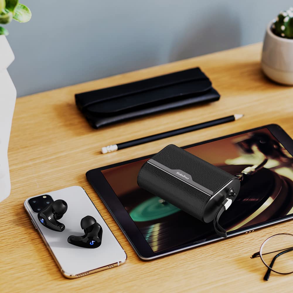 Soiedroo Black Bluetooth True Wireless Earbuds Deep Bass Headphone with Built-in Noise Cancelling Microphone with Super Long Play Hours with Leather Wireless Charging Case