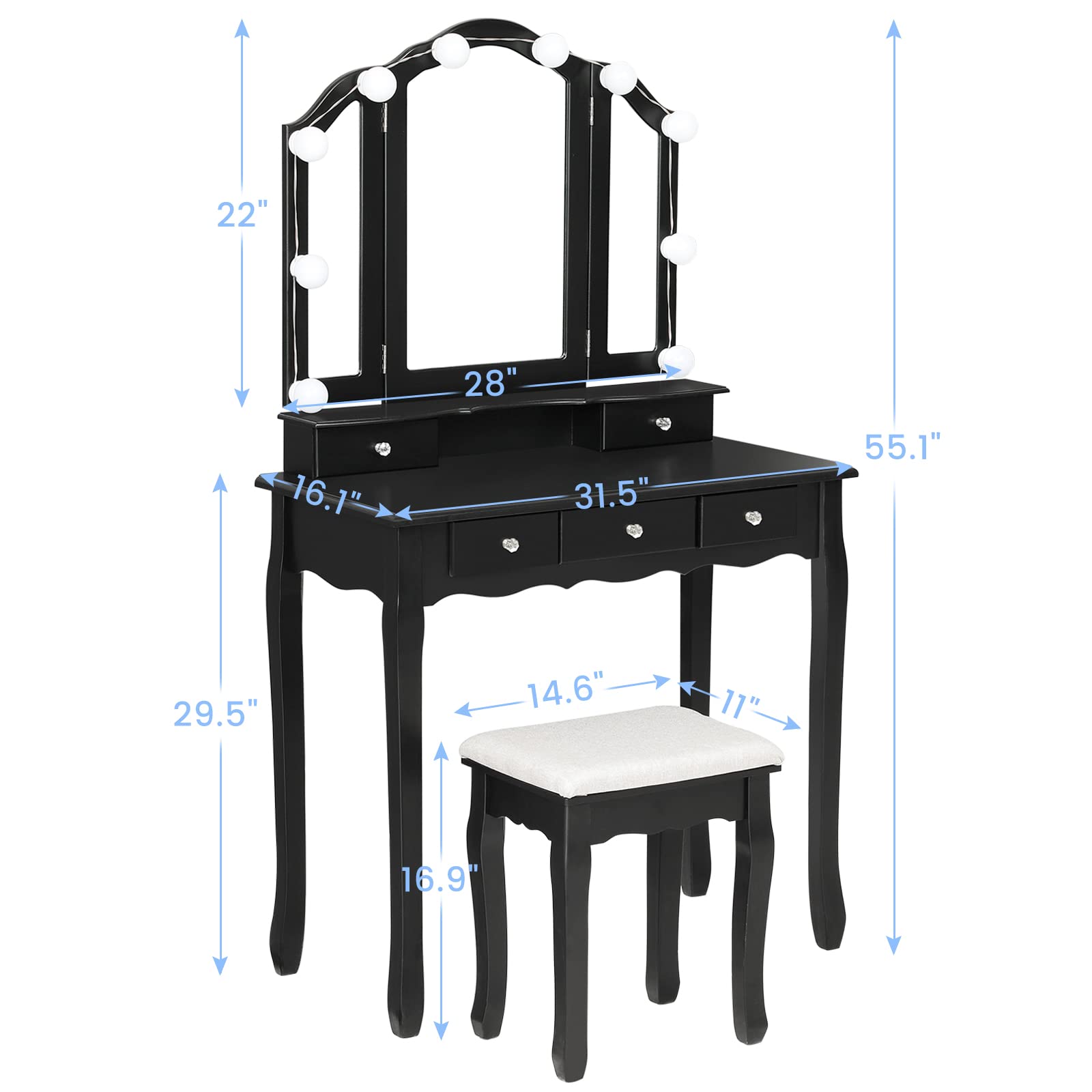 Tiptiper Makeup Vanity with Lights, Vanity Desk with Lighted Mirror and Stool, Vanity Table Set with 5 Drawers, 3 Light Settings, Adjustable Brightness, White