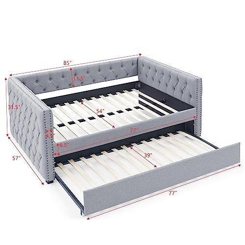 Sofa Bed, Sleeper Sofa- 2 in 1 Pull Out Couch Bed, Sofa Sleeper with Pull Out Bed, with Button and Copper Nail on Square Arms,Full Daybed & Twin Trundle, Grey(85“x57”x31.5“)