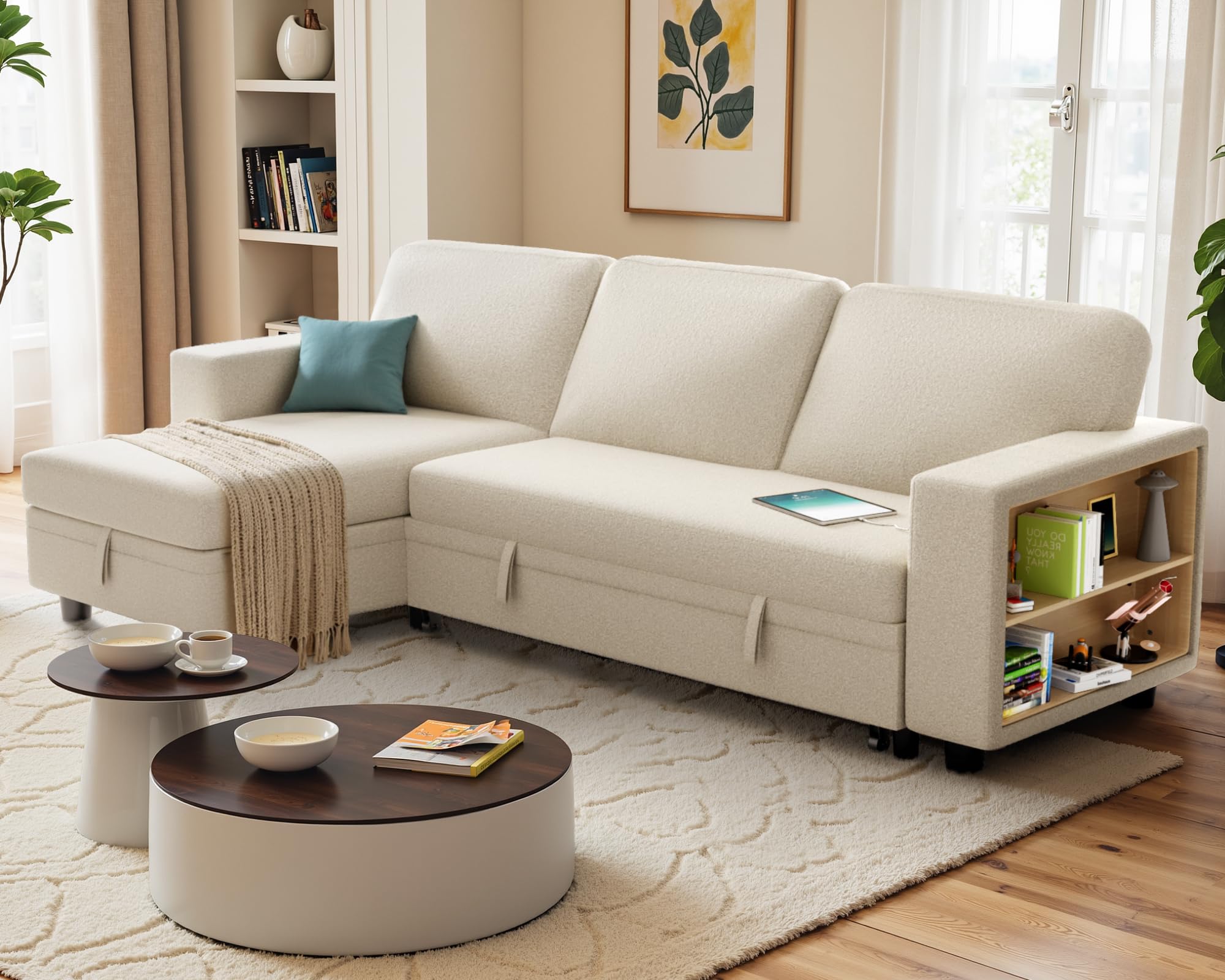YESHOMY L-Shaped Sofa Bed Convertible Sectional Couch for Living Room with Pull Out Sleeper, Storage Chaise & 2 Built-in Bookcases, Light Beige