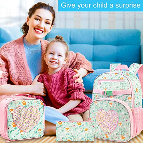 TXHVO 3PCS Kids Backpack for Girls, 16β Preschool Bookbag with Lunch Box, Cute Girl Sequin Backpacks for Elementary School