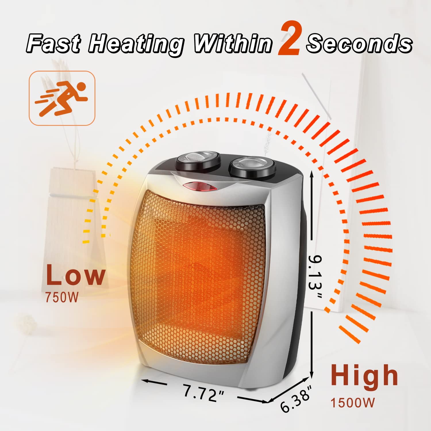 Kismile Small Space Heater Electric Portable Heater Fan for Home and Office Ceramic Fan Heaters with Adjustable Thermostat, 750W/1500W (8.1 Inch, Black)