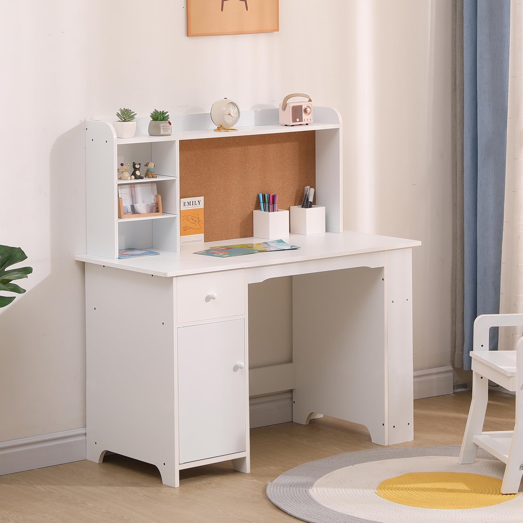 White Study Desk and Chair Set with Bookshelf, Bulletin Board, and Cabinets - Ideal for Boys and Girls Ages 3-8
