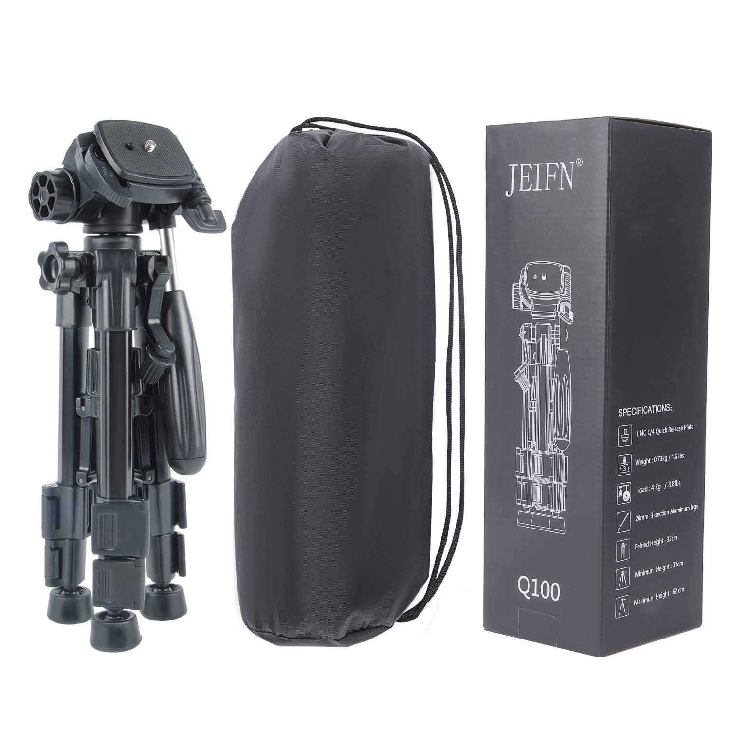 JEIFN Q100 Tabletop Camera Tripod for Travel and Indoor with 3-Way Pan Head, 1/4 inches Quick Release Plate and Phone Clip for DSLR Camera (Black)