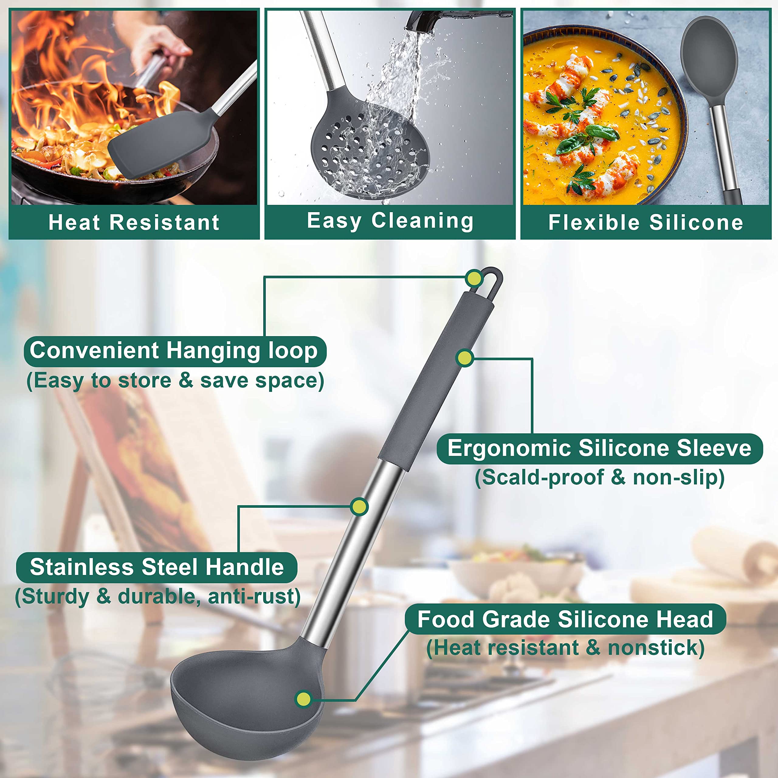 Homikit 38 Pieces Kitchen Cooking Utensils Set with Holder, Gray Silicone Utensil with Stainless Steel Handle, Nonstick Kitchen Tools with Spatula Ladle Pizza Cutter Grater Spoon Rest, Heat Resistant