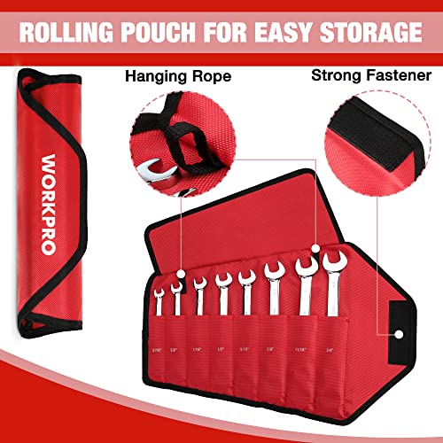 WORKPRO 8-piece Flex-Head Ratcheting Combination Wrench Set, SAE 5/16-3/4 in, 72-Teeth, Cr-V Constructed, Mirror Polished Chrome Plated with Roll Up Pouch