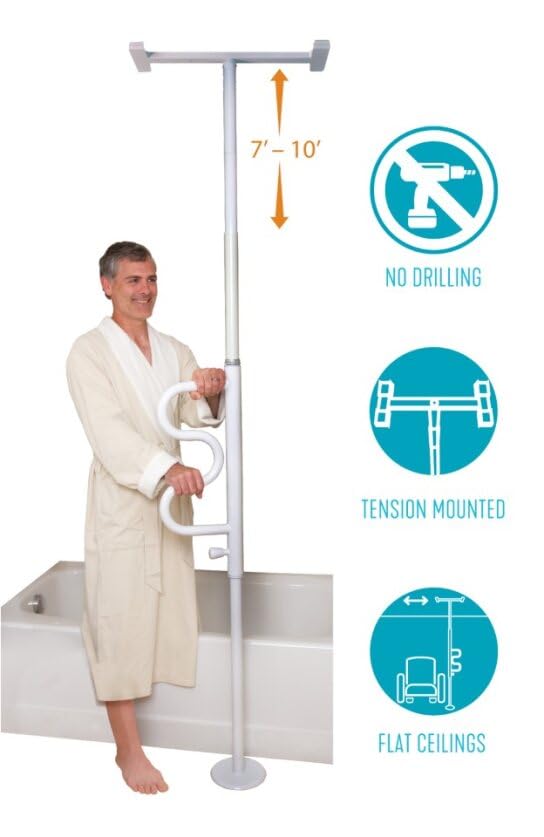 Stander Security Pole and Curve Grab Bar, Elderly Tension Mounted Floor to Ceiling Transfer Pole, Bathroom Safety Assist and Stability Rail, Iceberg White