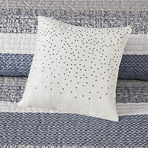 Madison Park King Quilt Set Lustrous Jacquard & Glitter Accent Coverlet Set for King Size Bed - All Season, Lightweight King Quilt Set, Shams, Decorative Pillow, King/Cal King Chevron Grey/Navy