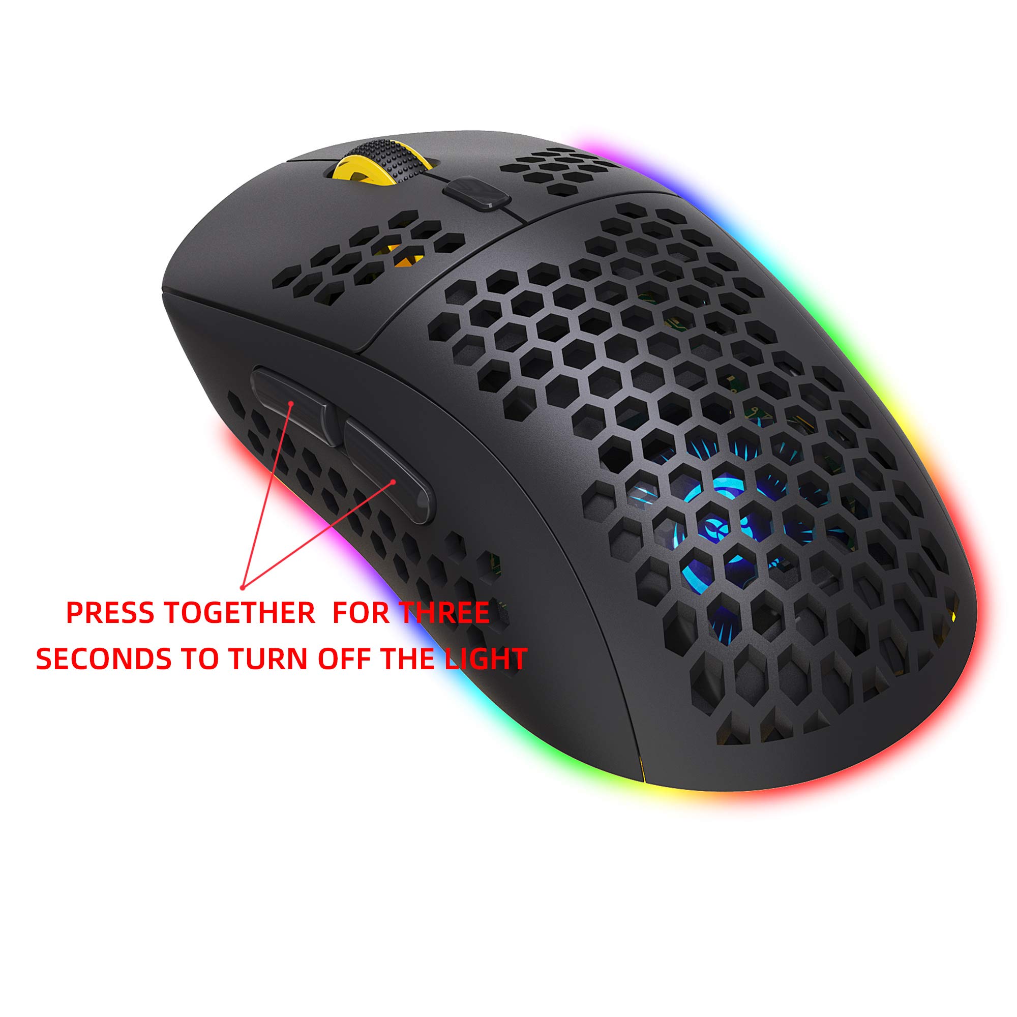 HXSJ Wireless Light Gaming Mice, Three-Mode 2.4G and Bluetooth Mouse Ultra-Light Honeycomb Shell Mouse, RGB Backlight,6 Buttons, Adjustable 3600 DPI,USB Receiver,Ergonomic Mouse for PC Gamers Black