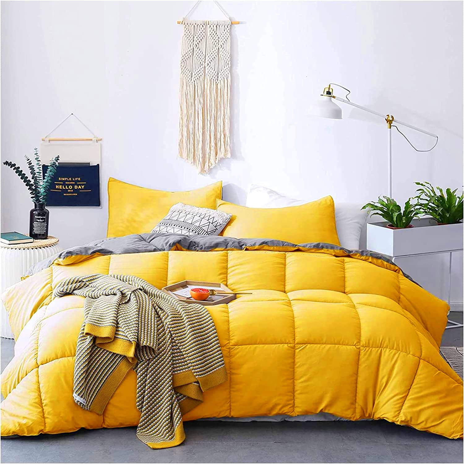 KASENTEX All Season Down Alternative Comforter with 2 Pillow Shams, California King, 96 by 106 Inches, Yellow/Gray, 3 Piece Set