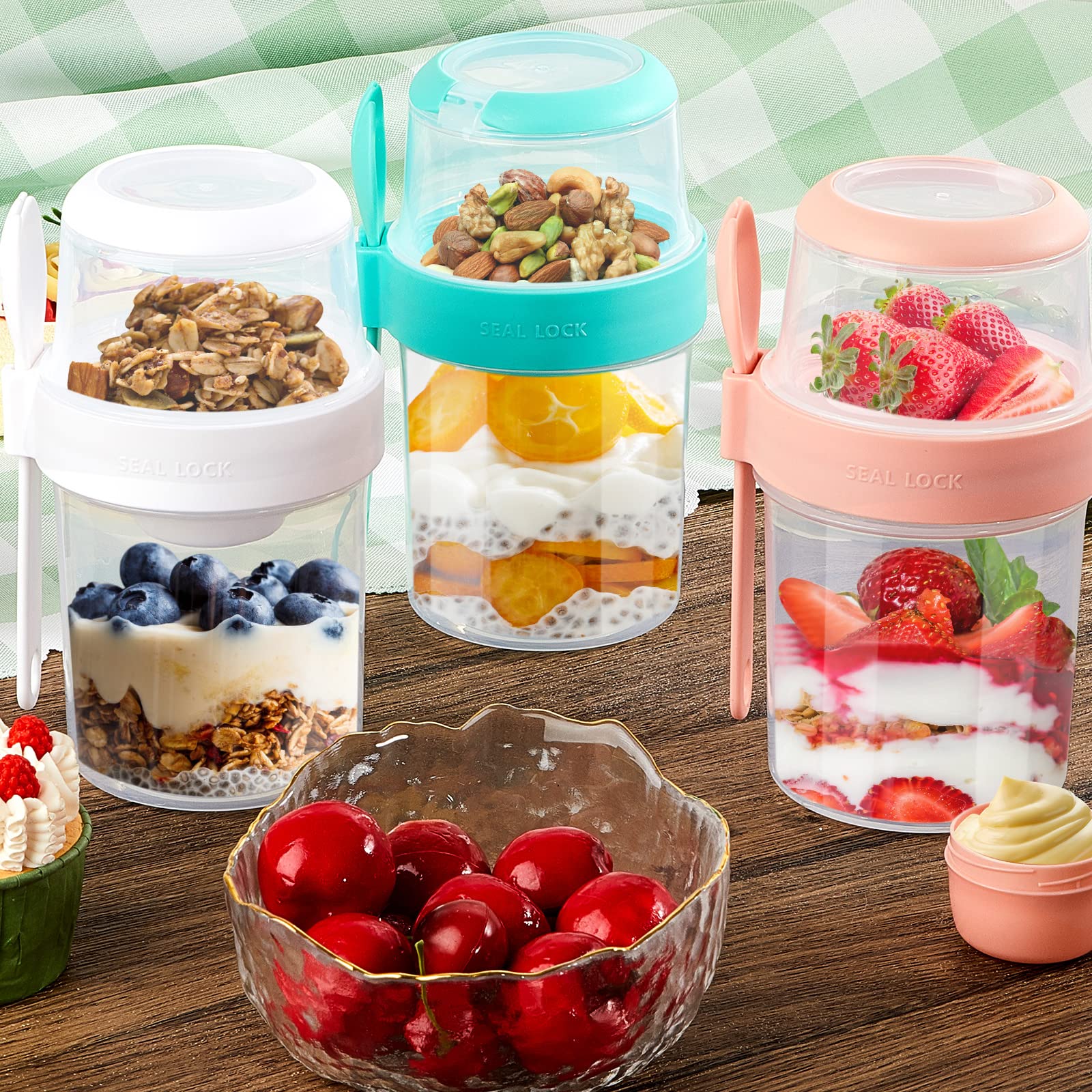 Nuenen 3 Pack 29 oz Cereal Cups Breakfast Cereal and Milk Container Portable Take and Go Cup Reusable Overnight Oats Container 2 Tier Oats Jars with Lid Fork Leak Proof Yogurt Oatmeal Salad Cup
