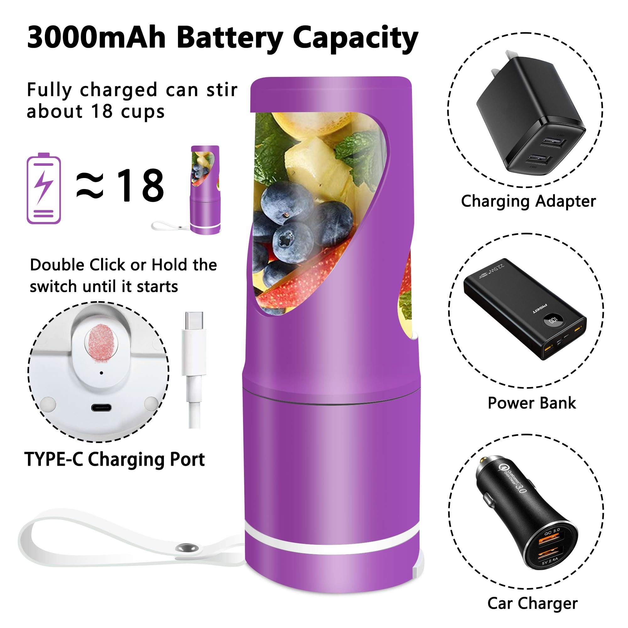 HOMEBETTER Portable Blender,USB Rechargeable Blender with 3000mAh Battery and 13.5 Oz Capacity Bottle BPA-Free, Mini Portable Blender for Shakes,Smoothies,Vegetable,Juice,Purple.