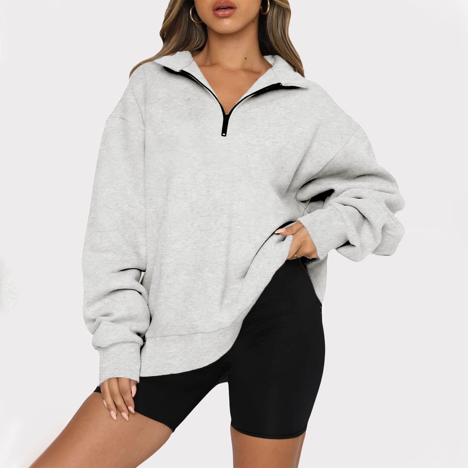 NOKMOPO Hooded Sweatshirt Women Casual Fashion Solid Color Long Sleeve Half Zip Hooded Sweatshirt Pullover Sweatshirt Loose Comfortable Warm Sweater Tops(A-Gray,Large)