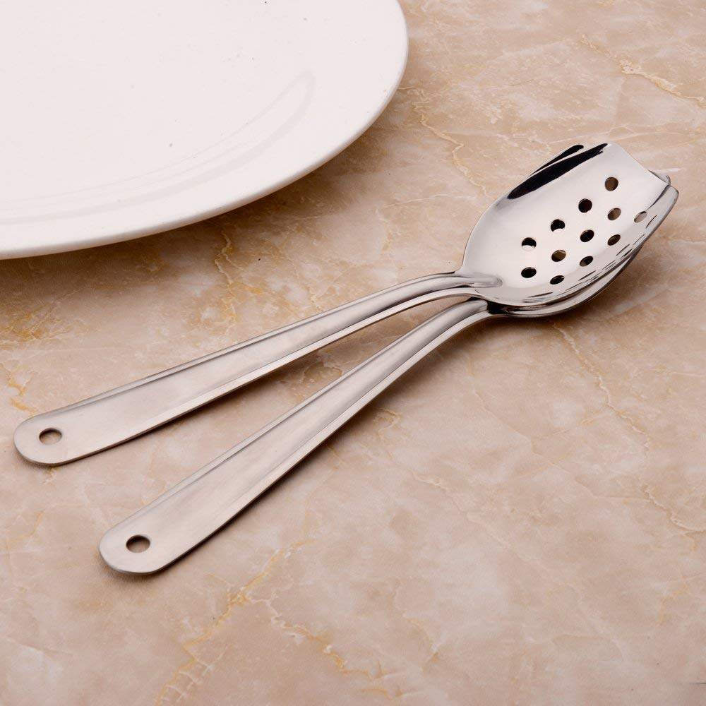 IMEEA Flat Bottom Serving Spoon 18/8 Stainless Steel Slotted Spoon 10-Inch Flat Edge Spoon Cooking Spoon, Set of 2