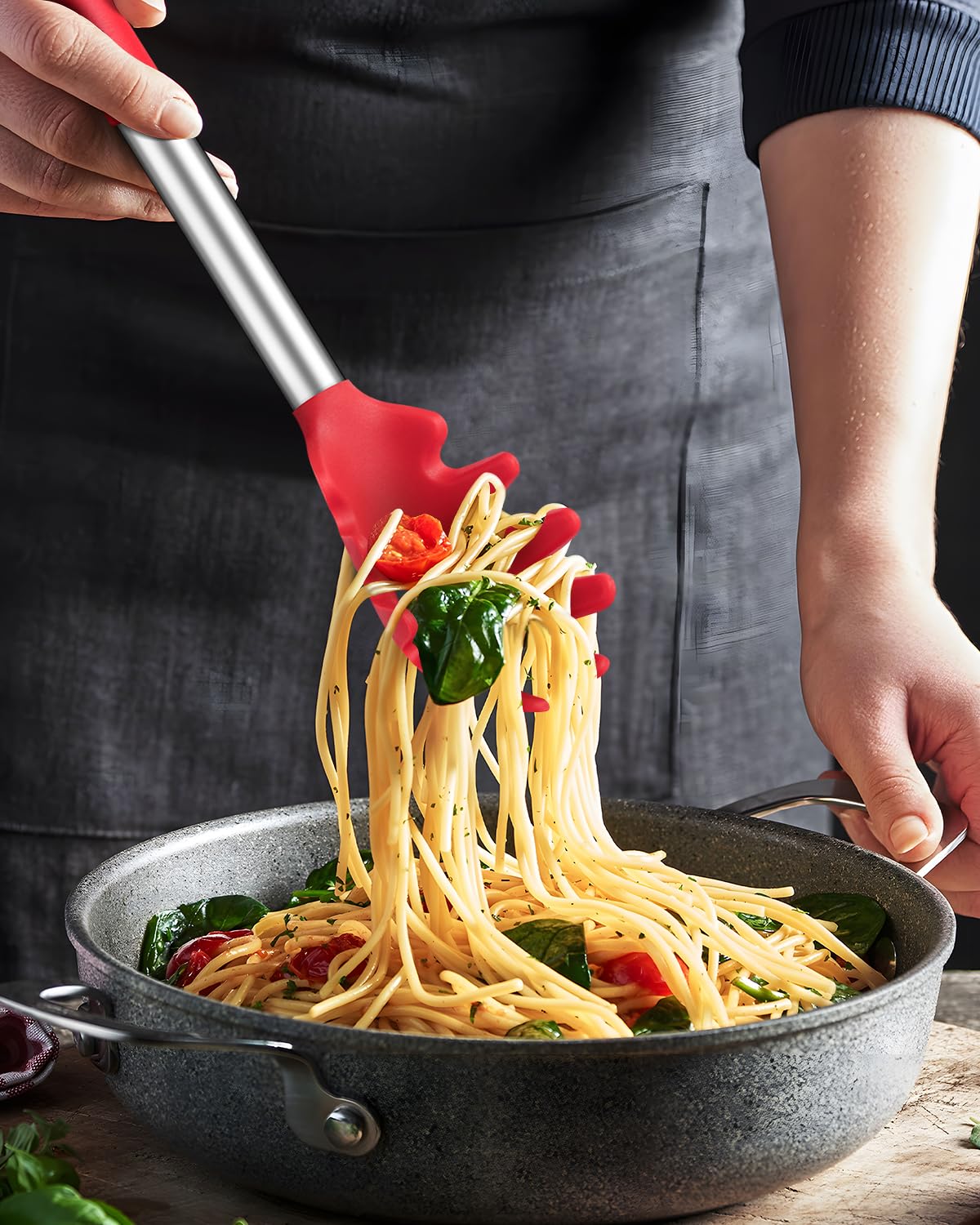Spaghetti Spoon and Pasta Tong, Non-stick Silicone Spoon Server Fork with teeth and Stainless Steel Handle Spaghetti Tong, Food Clip for Spaghetti Noodle, Red