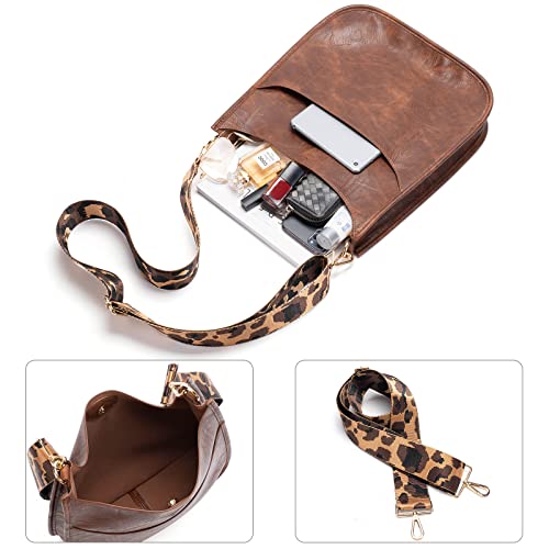 NOL Natural Organic Lifestyle Women Crossbody Handbag Retro Vegan Leather Messenger Bag with Romovable Leopard Shoulder Strap (Coffee Small)