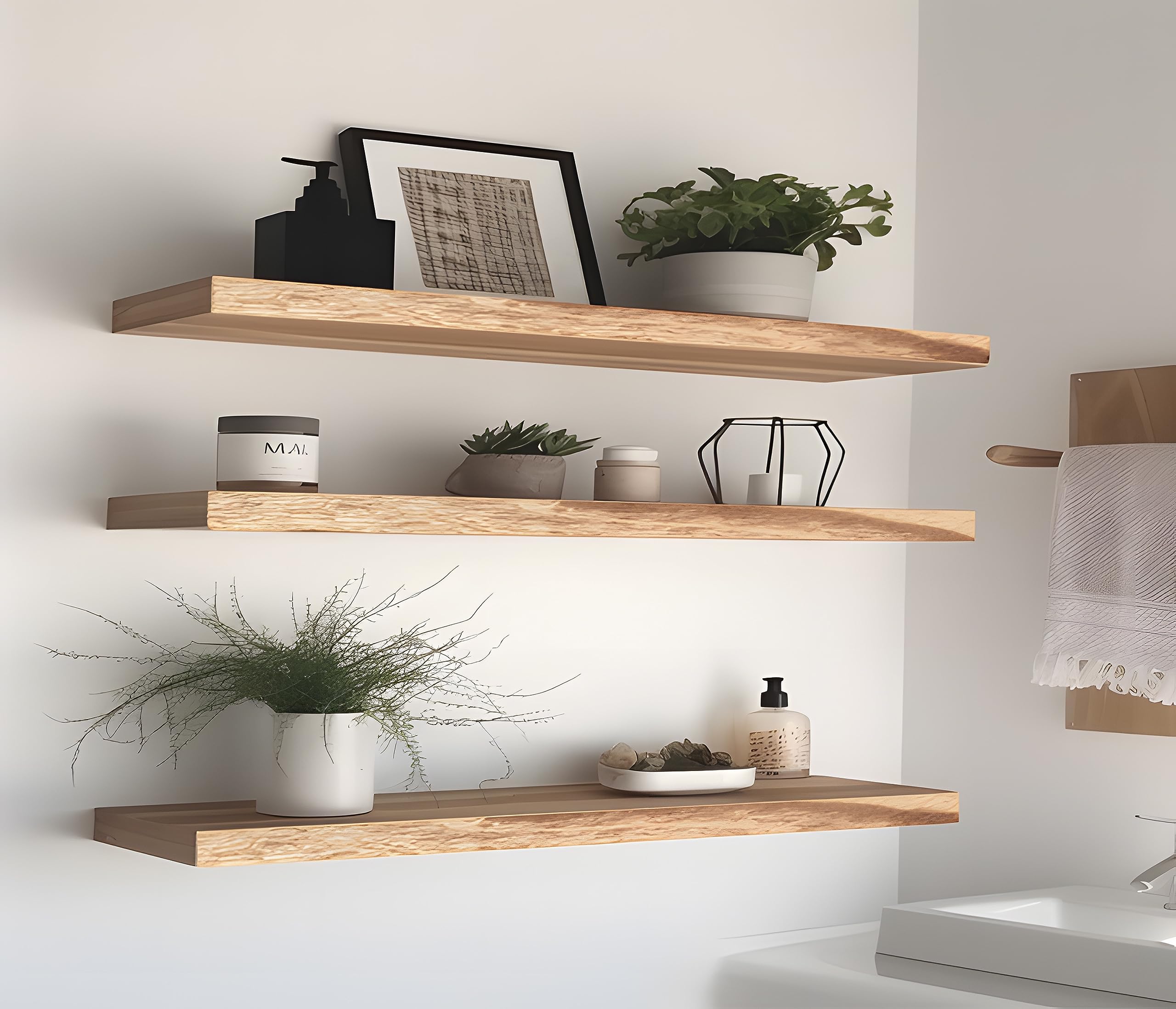 HXSWY 24 Inch Rustic Floating Shelves for Wall Decor Farmhouse Wood Wall Shelf for Bathroom Kitchen Bedroom Living Room Set of 4 Light Brown