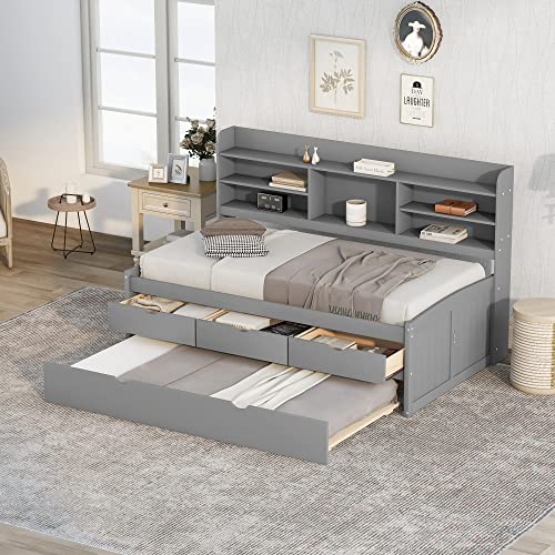 SOFTSEA Twin Size Daybed with Bookcase Headboard, Twin Captains Bed with Trundle and Storage Drawers, Wood Captains Bed with Slats Support for Kids Guests, Gray