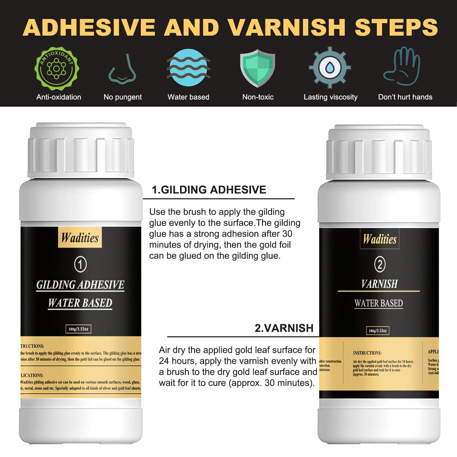 Wadities Gold Leaf Gilding Adhesive Set, 100ml Water Based Metal Leaf Glue and 100ml Varnish, Gold Leaf Sheets 100 pcs, 2 Brushes, for Craft, Painting and Arts
