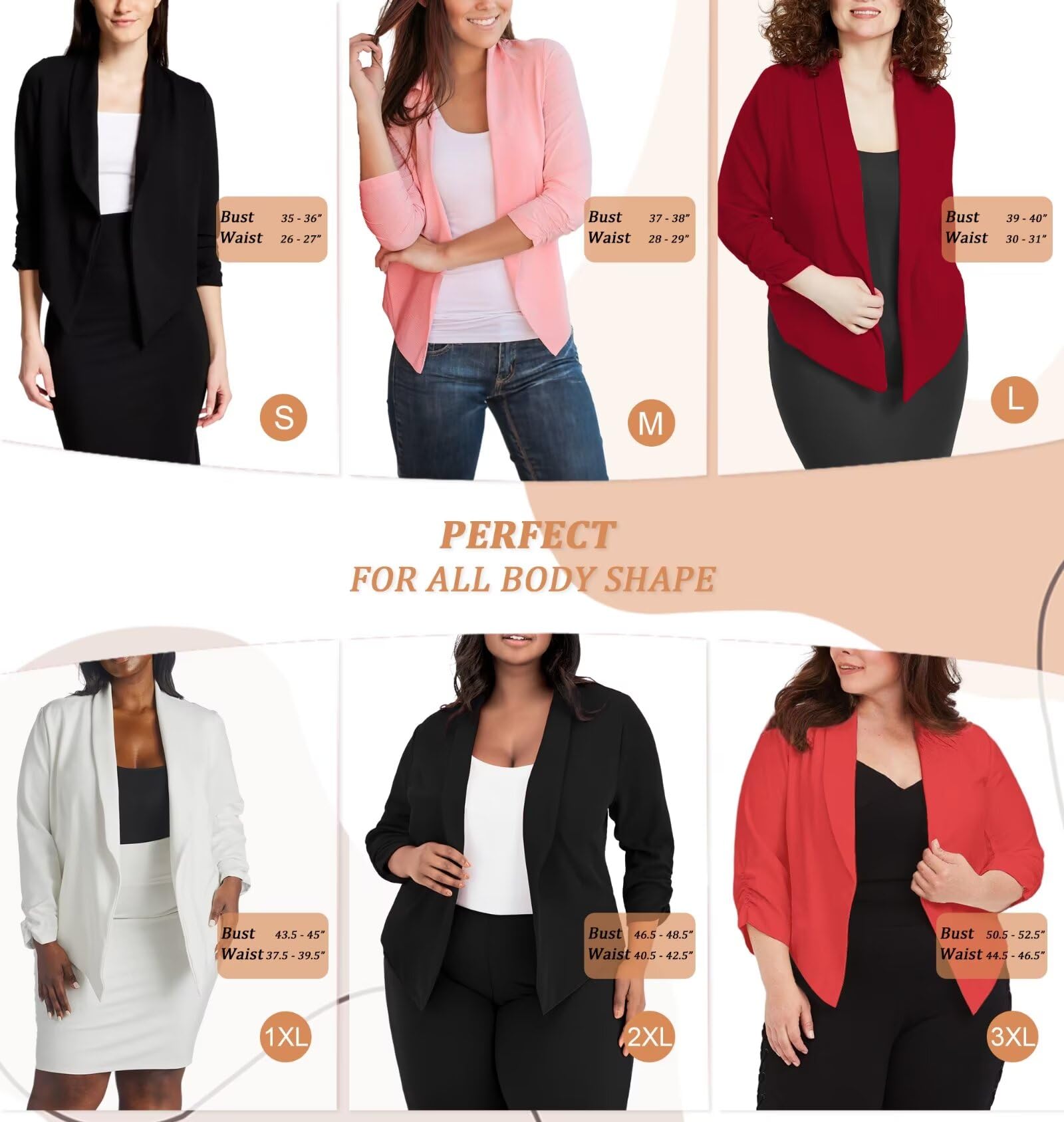 Hybrid & Company Lightweight Open Front Cardigan Classic Ruched Sleeve Work Office Blazer Suit Jackets Black