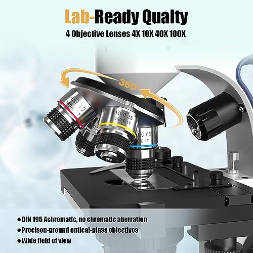 Upgrade Compound Monocular Microscope with 40X-2500X, Dual-View Microscope for Adults, Wide-Field 10X and 25X Eyepieces, Dual Illumination, Built-in 5MP Camera with 7ββ LCD Screen, Abbe Condenser