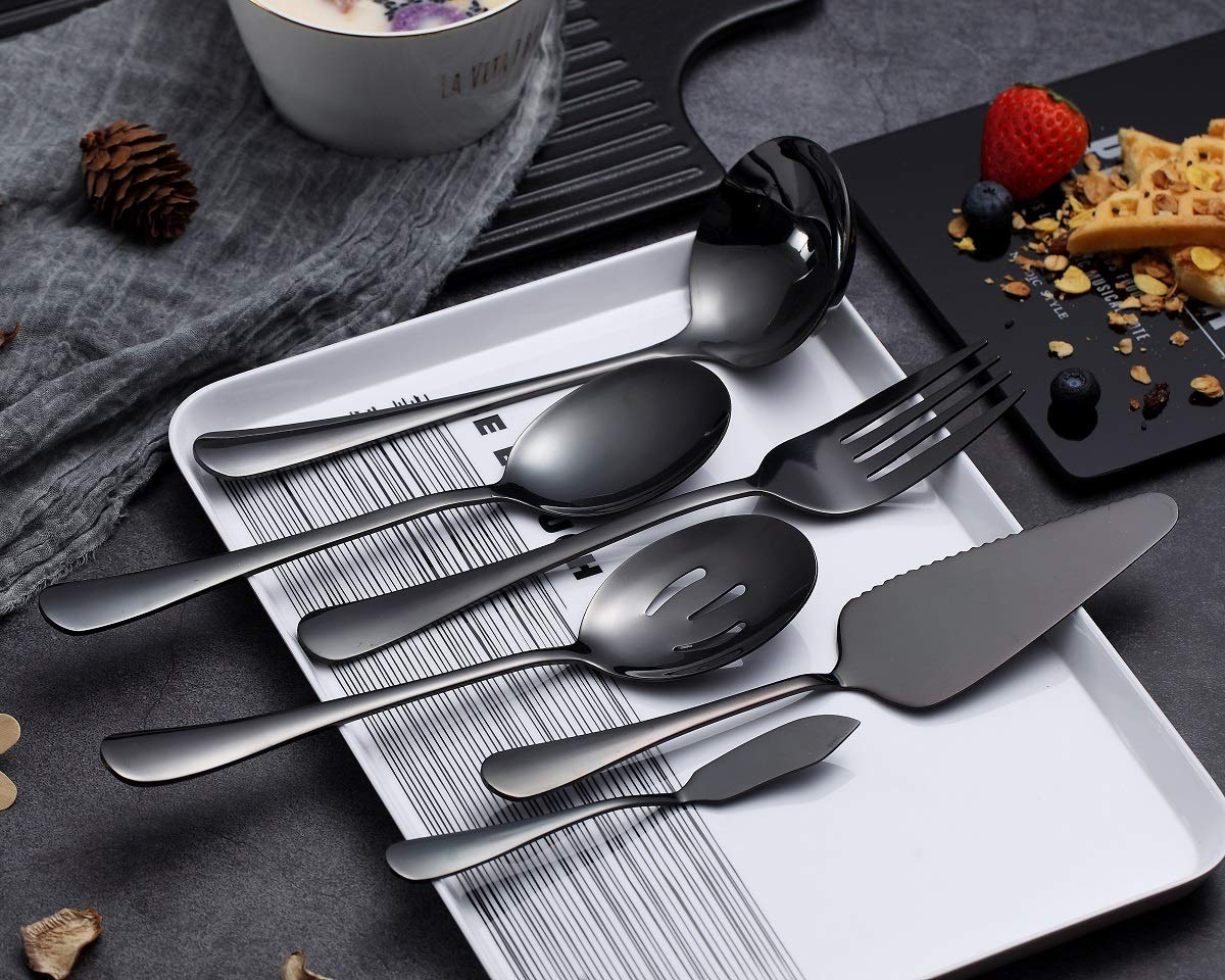 HOMQUEN 6-Piece Black Serving Flatware Silverware Set,Stainless Steel Serving Utensil Set,Include Cake Server, Slotted Serving Spoon, Serving Spoon, Cold Meat Fork, Butter Knife, Soup Ladle
