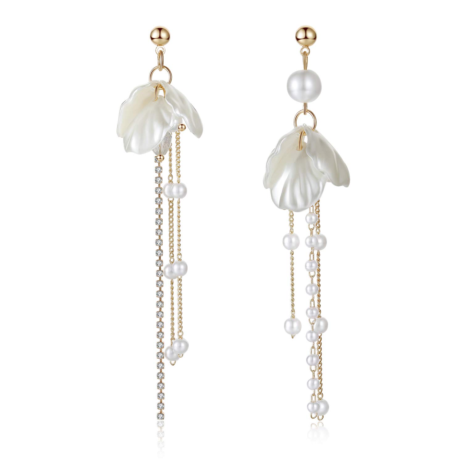 Kruckel Peach Blossom Floral Long Drop Dangling Earrings - Golden Studs with White Pearls, Jewelry for Women,Easy - Wear Fashion Design Accesory Packed with Durable Jewelry Box