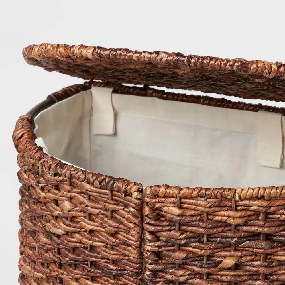 Woven Abaca Lidded Halfmoon Hamper,Wrought Iron Store Brown Lightweight For Easy Lifting And Moving