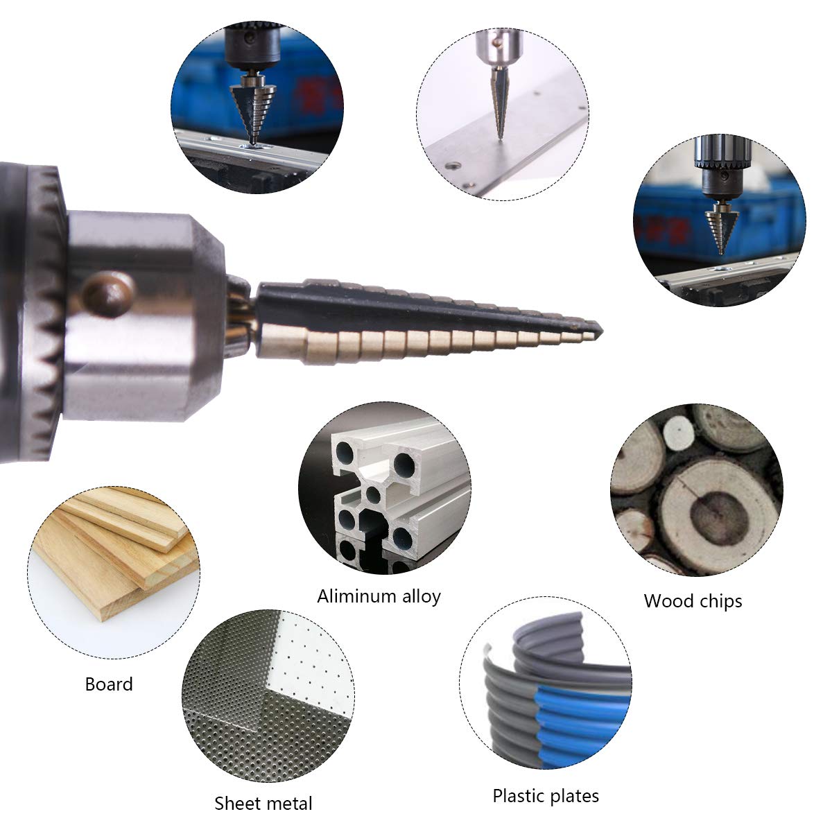 HYCLAT 5PCS Step Drill Bit Set | Titanium High-Speed Steel (HSS) Stepper Cone Drill Bit | Covering 50 Sizes(1/8''-1 3/8''), 135 Degree Point, with Aluminum Case