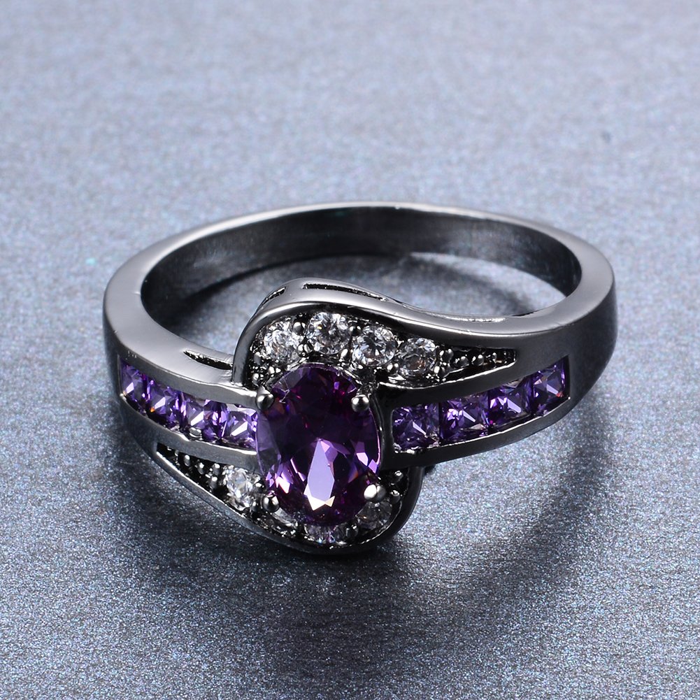 JunXin New Three 10KT Black Gold Wave Ring, Womans Wedding and engagement purple Cz Rings. size 7(purple Cz)