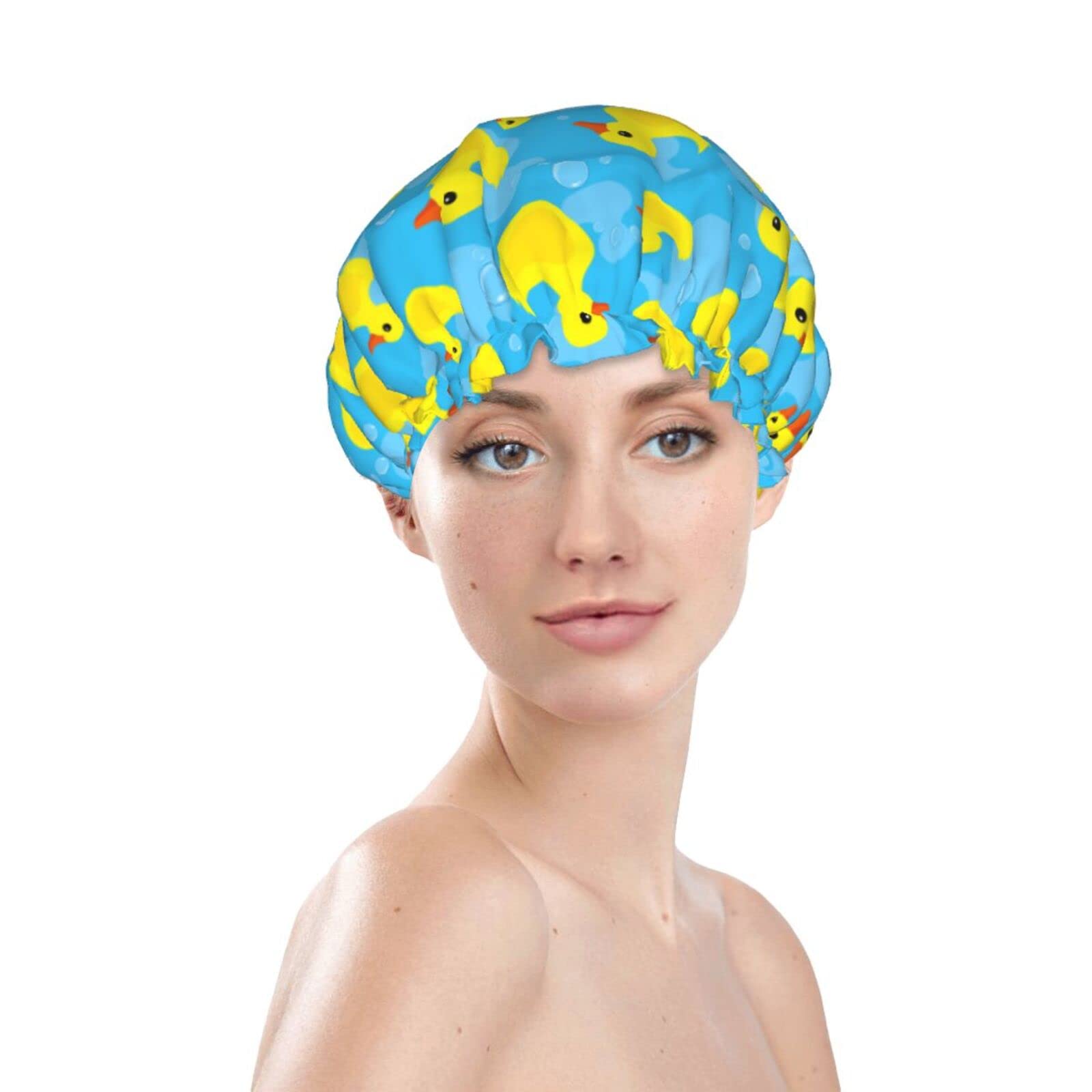 Rubber Duck Shower Cap for Women Reusable Double Layers Waterproof Shower Hair Protector PEVA Lined Shower Hat for All Long Hair Lengths, Stretchy Adjustable Shower Caps