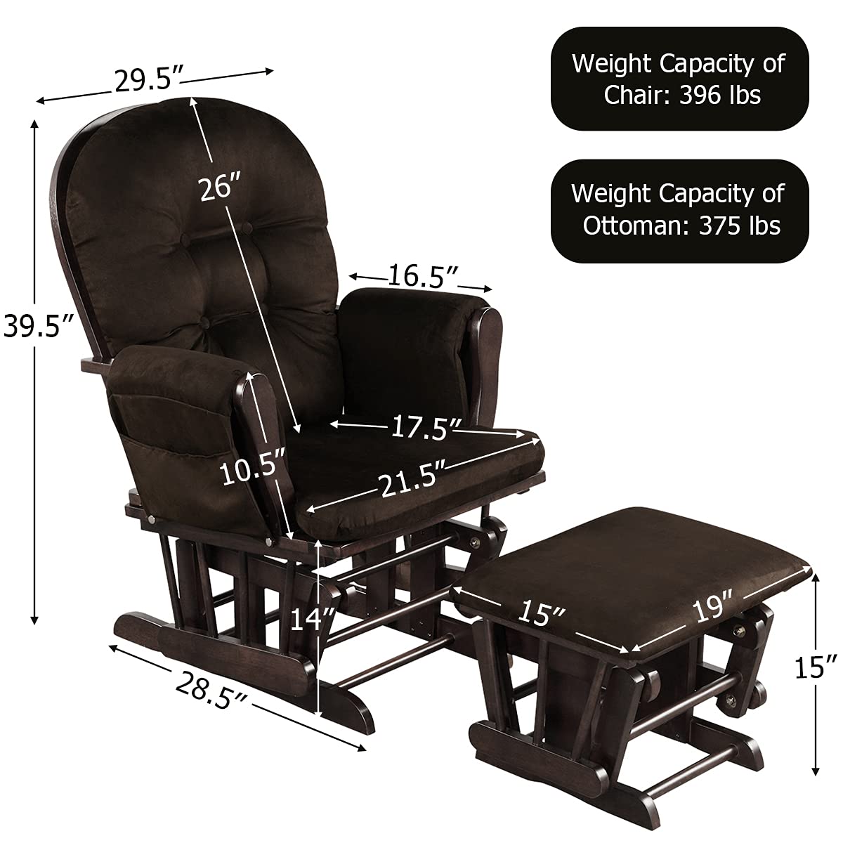 Solid Wood Construction, Incredibly Smooth Quiet Gliding, Soft Skin-Friendly Fabric, Baby Nursery Relax Rocker Rocking Chair Glider and Ottoman Set Super Soft Cushion, Extra Storage Pocket, Brown