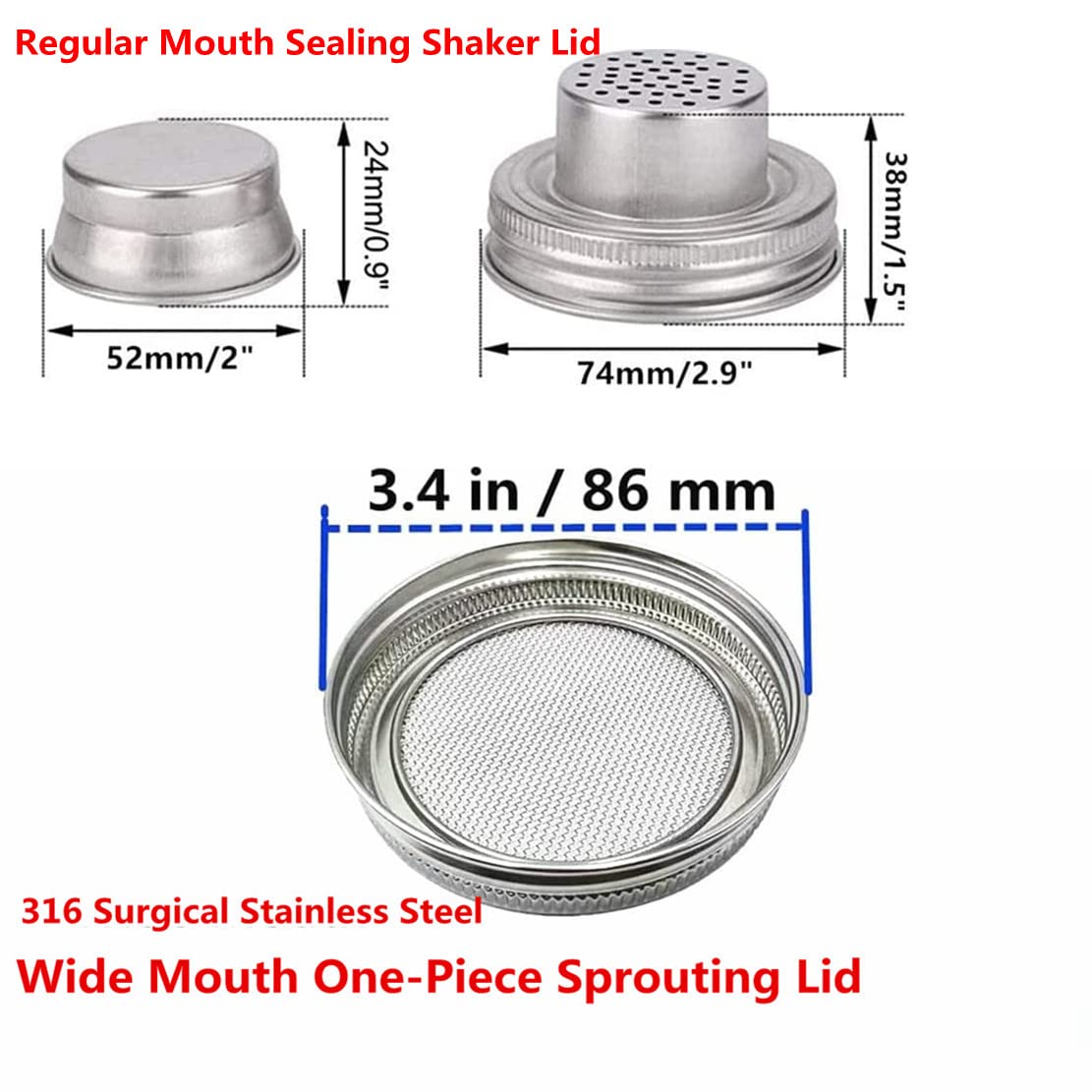 Mason Jar Canning Sealing Shaker Strainer Lid 316 Stainless Steel Wide Mouth Sprouting Lids Screen Mesh Strainer Lid for Salad Sprouts Alfalfa Broccoli Seeds Sprouter Kit Rust-Proof