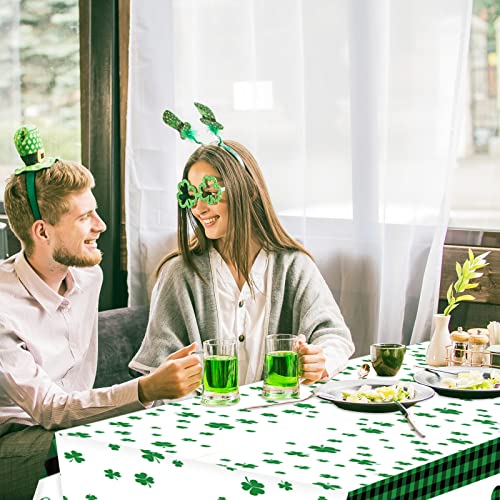 Whaline 3Pcs St. Patrick's Day Disposable Tablecloth Green Black Buffalo Plaid Shamrock Pattern Rectangle Plastic Table Cover Irish Holiday Table Cloth for Picnic Dinner Table Decor, 54 x 108 Inch