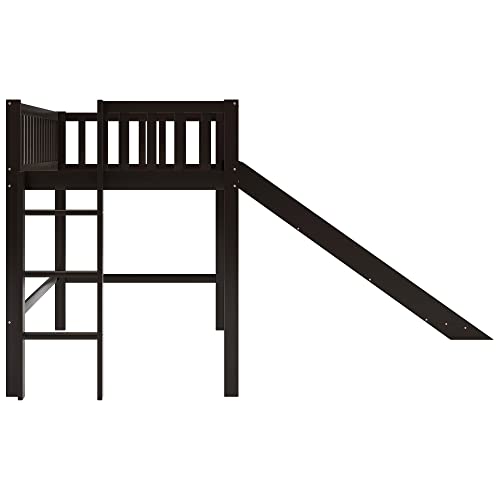 Twin Loft Bed with Slide Rails Frame Wood for Junior Kids Slat Support, No Box Spring Needed