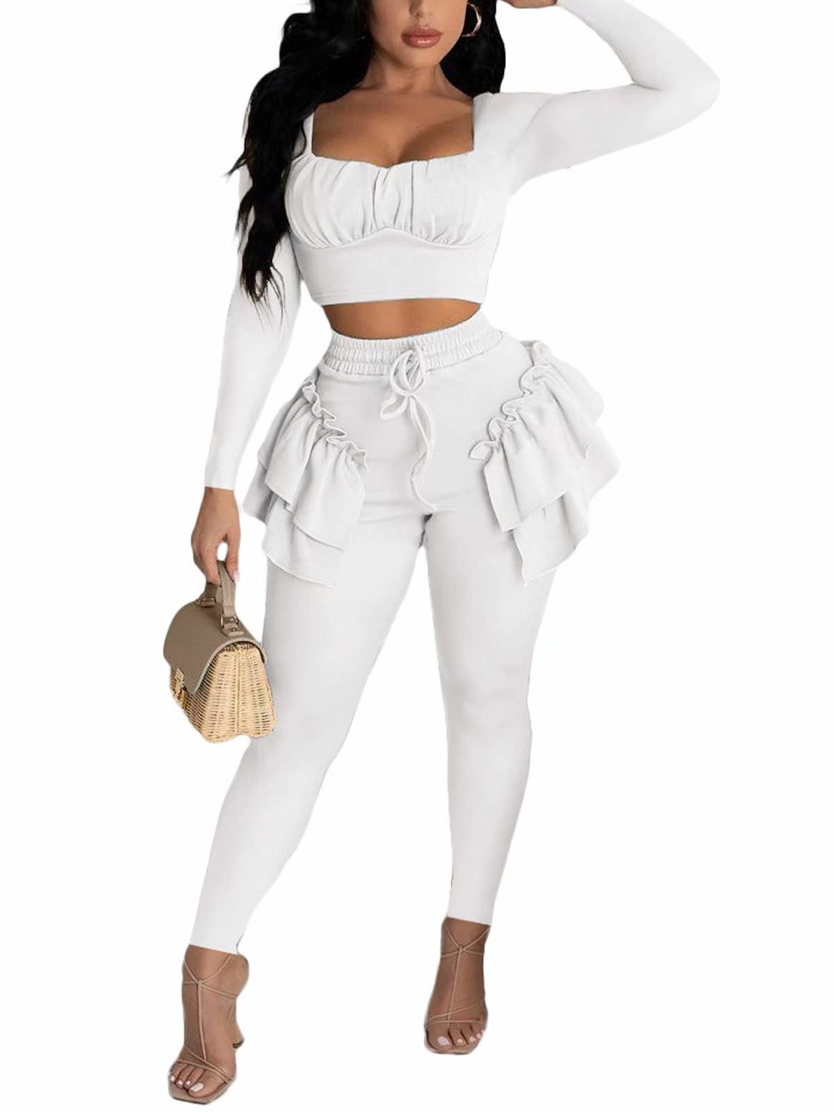 JURIS Women Sexy 2 Piece Tracksuits Set Solid Color Long Sleeve Crop Tops and Ruffle Bodycon Pants Outfits S White