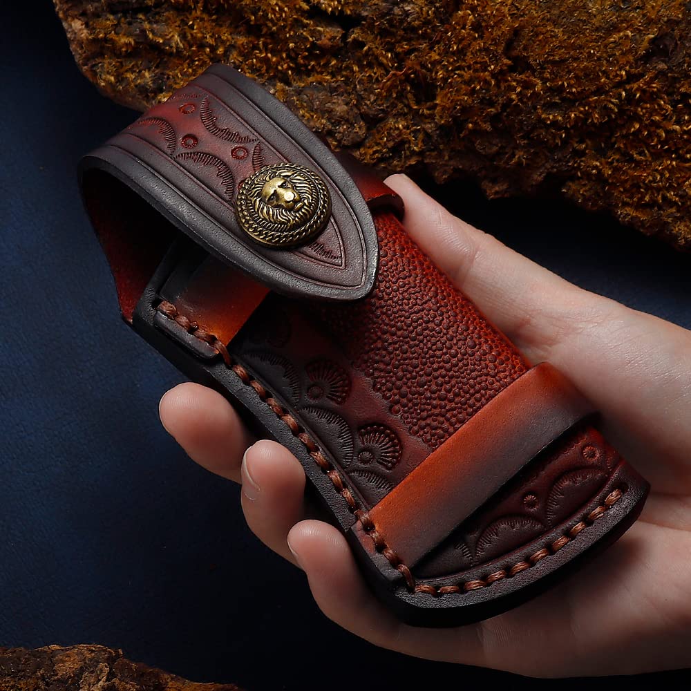Pocket Knife Sheath,Leather Folding Pouch for 4'' Trapper Knife,Small (Lion head), Brown