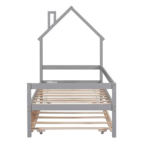 Twin Platform Bed with Trundle, Wooden House-Shaped Headboard Bed with Guardrails, Daybed Frame with Sturdy Slat Support for Kids Boys Girls Bedroom (Grey 06)